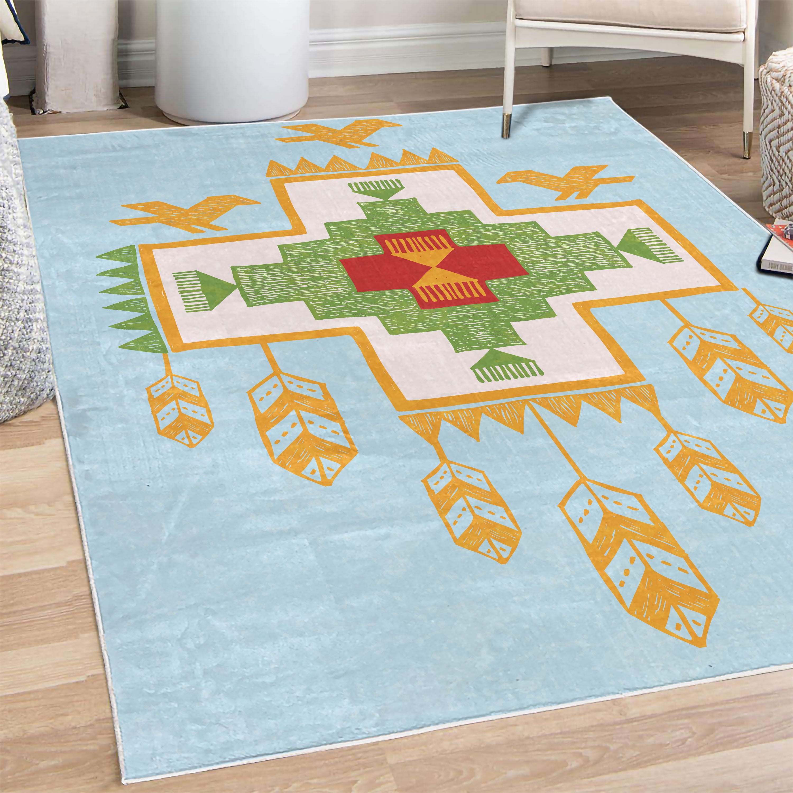 Tribal Decorative Rug, Hand Drawn Dreamcathcher Folkloric Birds Image ...