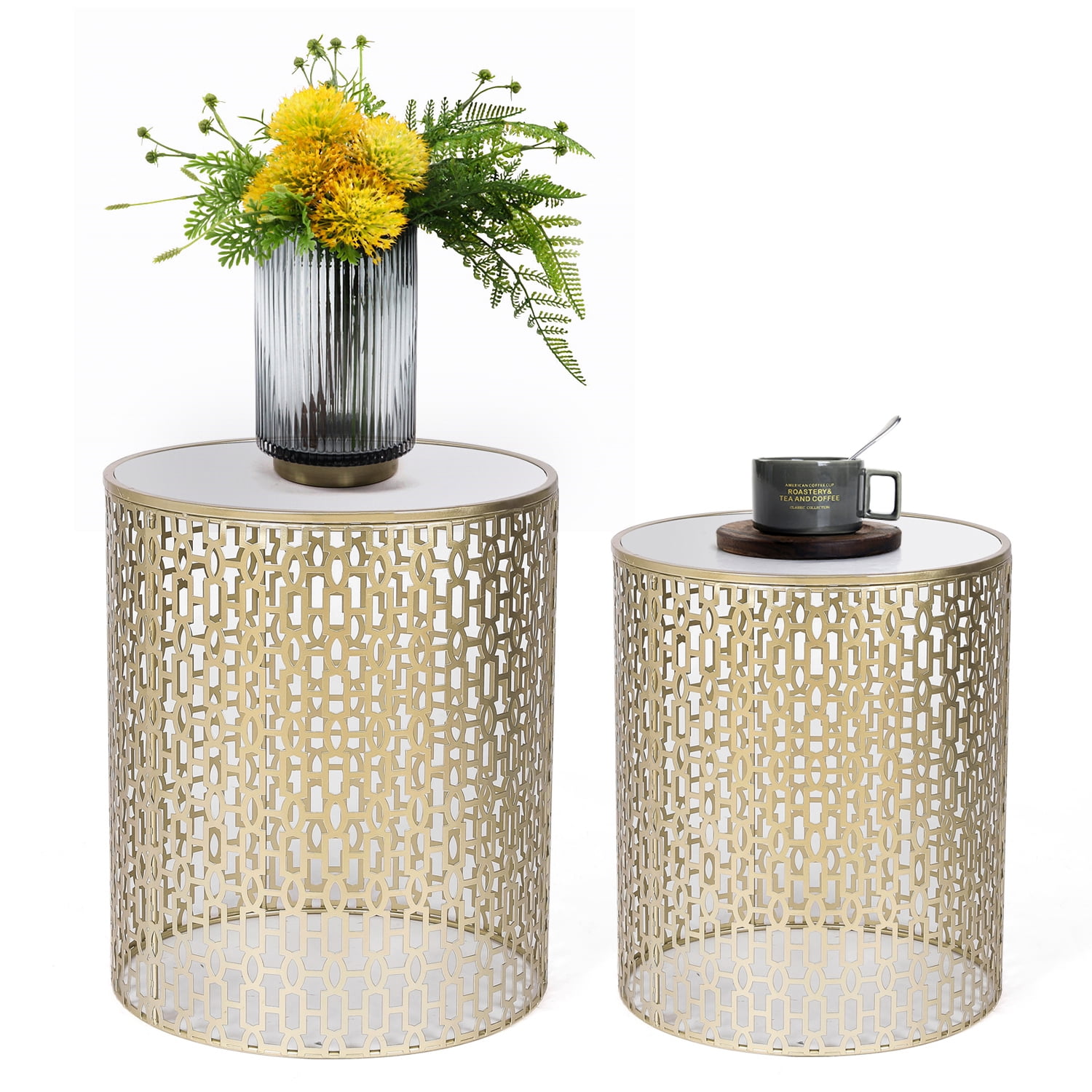 Homebeez Metal Round End / Side Tables Nesting Nightstands Set of 2 ...