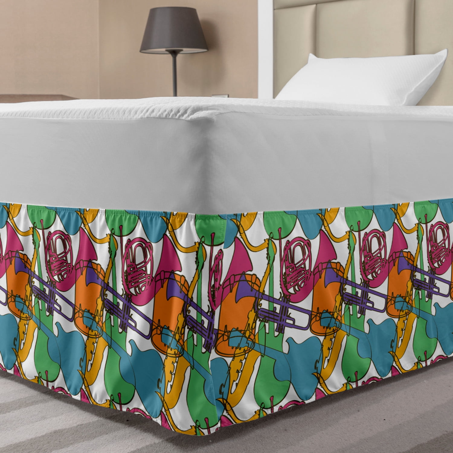 Jazz Music Bed Skirt, Abstract Retro Style Composition with Colorful ...