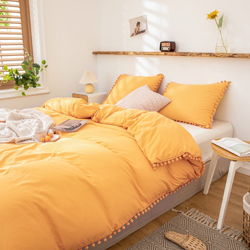 Move Over Yellow Bedding Sets Queen 100% Washed Microfiber Pom Poms ...