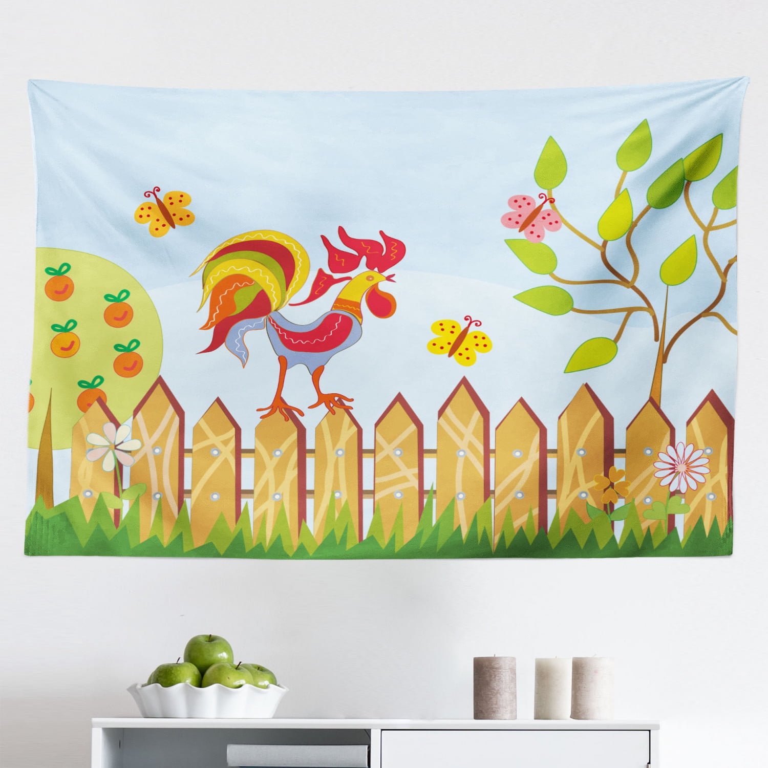 Rustic Tapestry, Grass Foliage Field Sunflowers Daisy Hedge Fence Yard ...