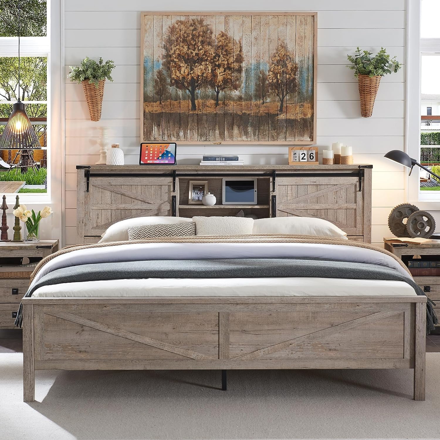 OKD Farmhouse Full Bed Frame, Wood Platform Bed with Bookcase Storage ...