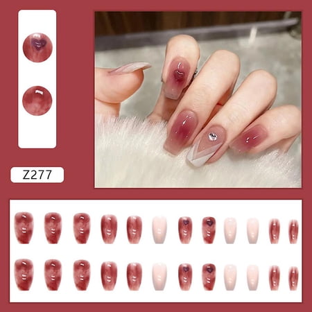 False Nails Wine Red Halos Staining French Full Cover Fake Nails For ...