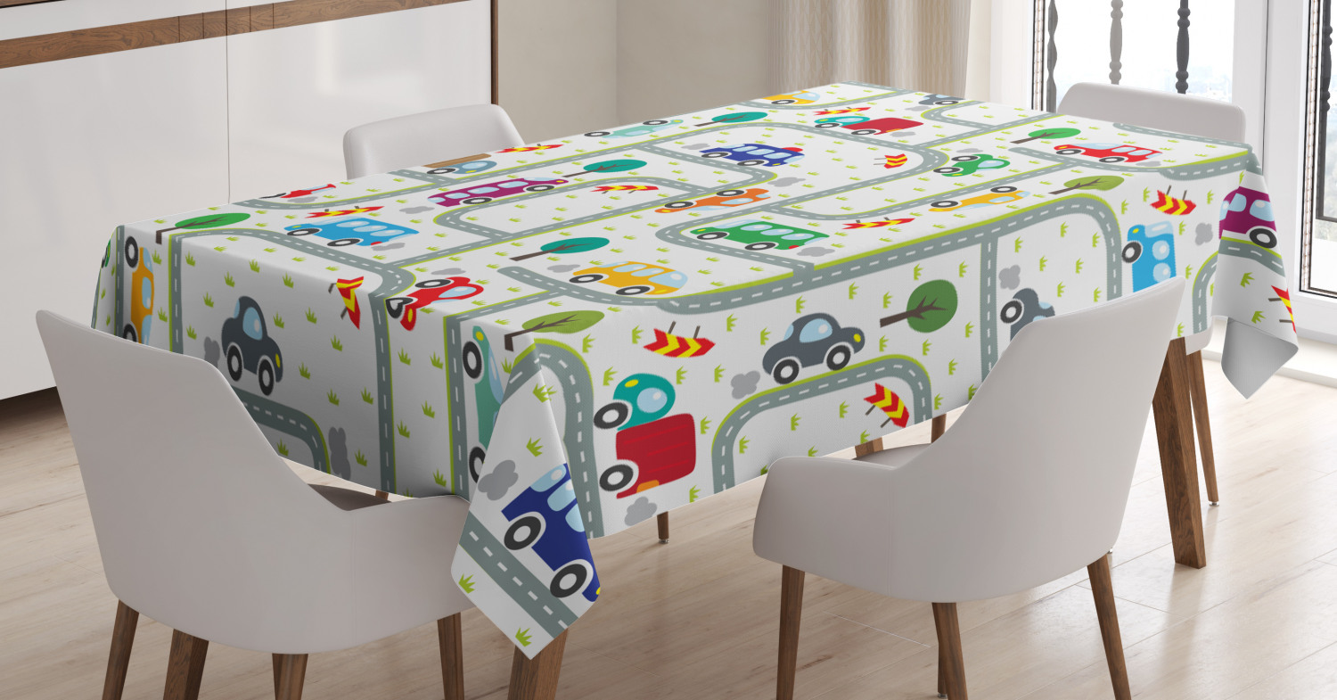 Cars Tablecloth, Vibrant Cute Children Drawing Cars Driving on the ...