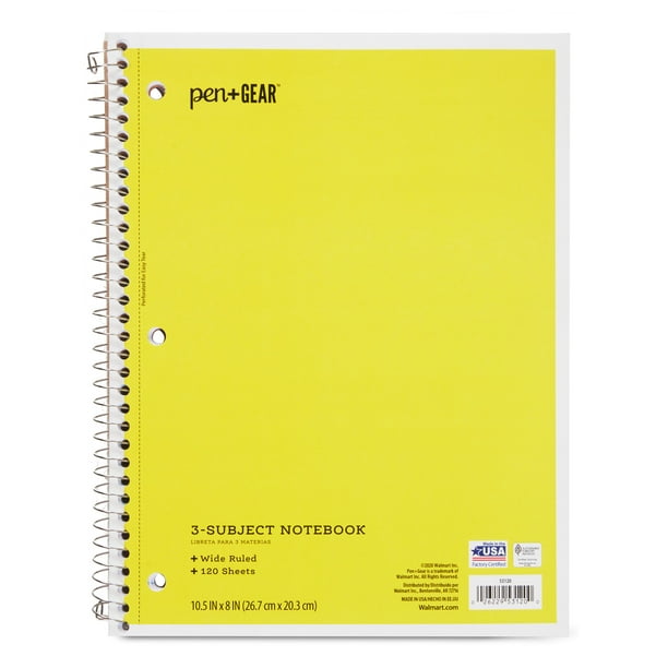 Pen+Gear Wide Ruled 3-Subject Spiral Notebook, Yellow, 10.5" x 8", 120 ...