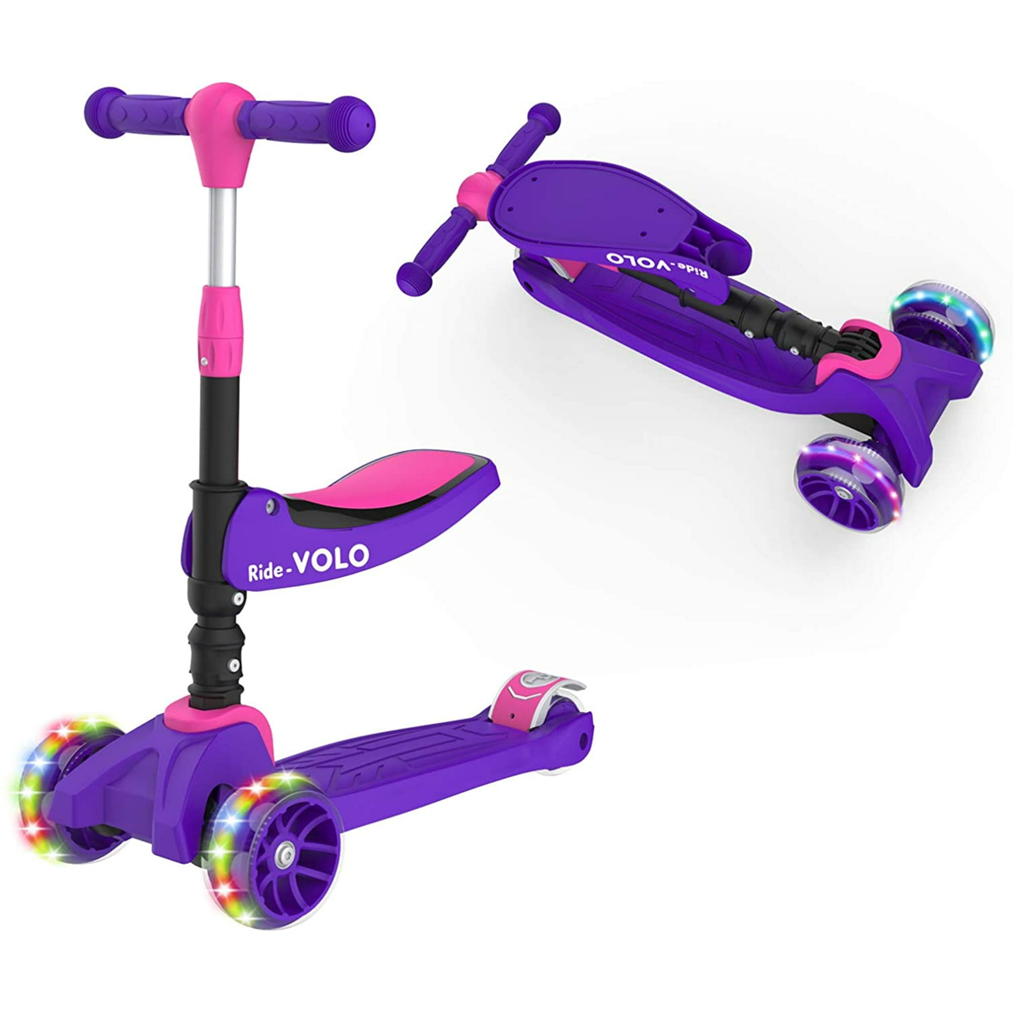 RideVOLO K02 2 in 1 Kick Scooter with Removable Seat Great for 2 6 Years Old Adjustable Height Extra Wide Deck PU Flashing Wheels Purple Walmart