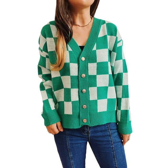 Seyurigaoka Womens Knitting Sweaters Checkered Pattern Cardigan Coat ...