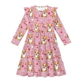 FKELYI Pink Love Corgi Dog Print Girl Long Sleeve Dress Ruffle Sleeve ...