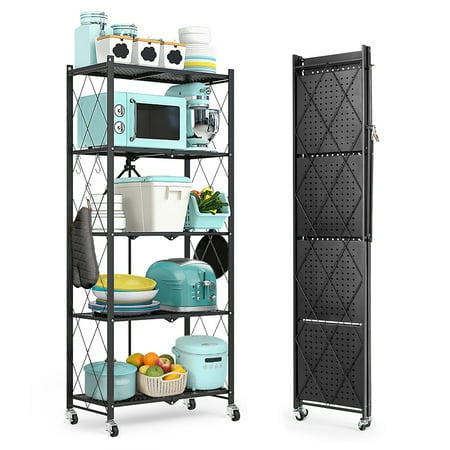 BISHE Storage Shelving Unit,5 Tier Foldable Storage Shelf with Wheels ...