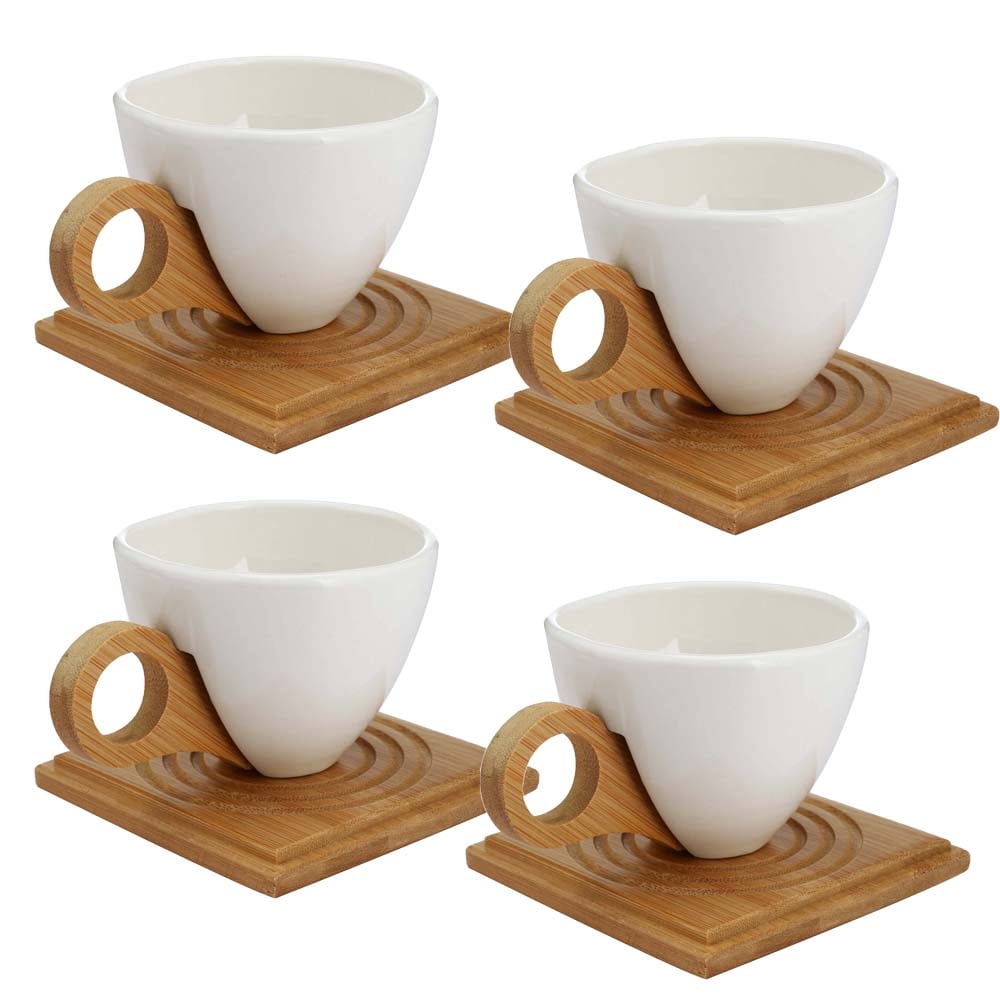 4 Pcs Ceramic Tea Cup Set, Porcelain Tea Set with Wooden Tea Pads ...