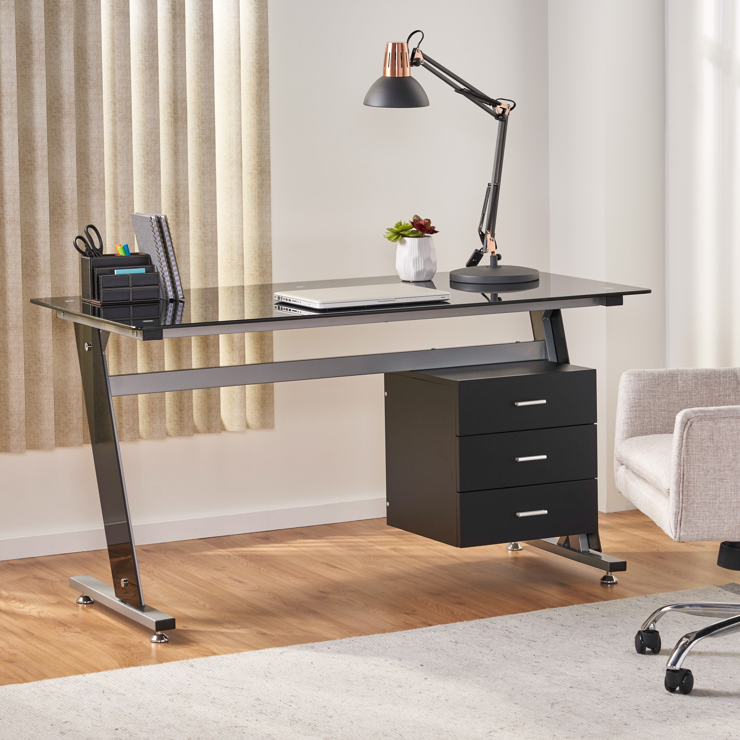 Noble House Xhaiden Tempered Glass Computer Desk, Black, Silver Legs ...