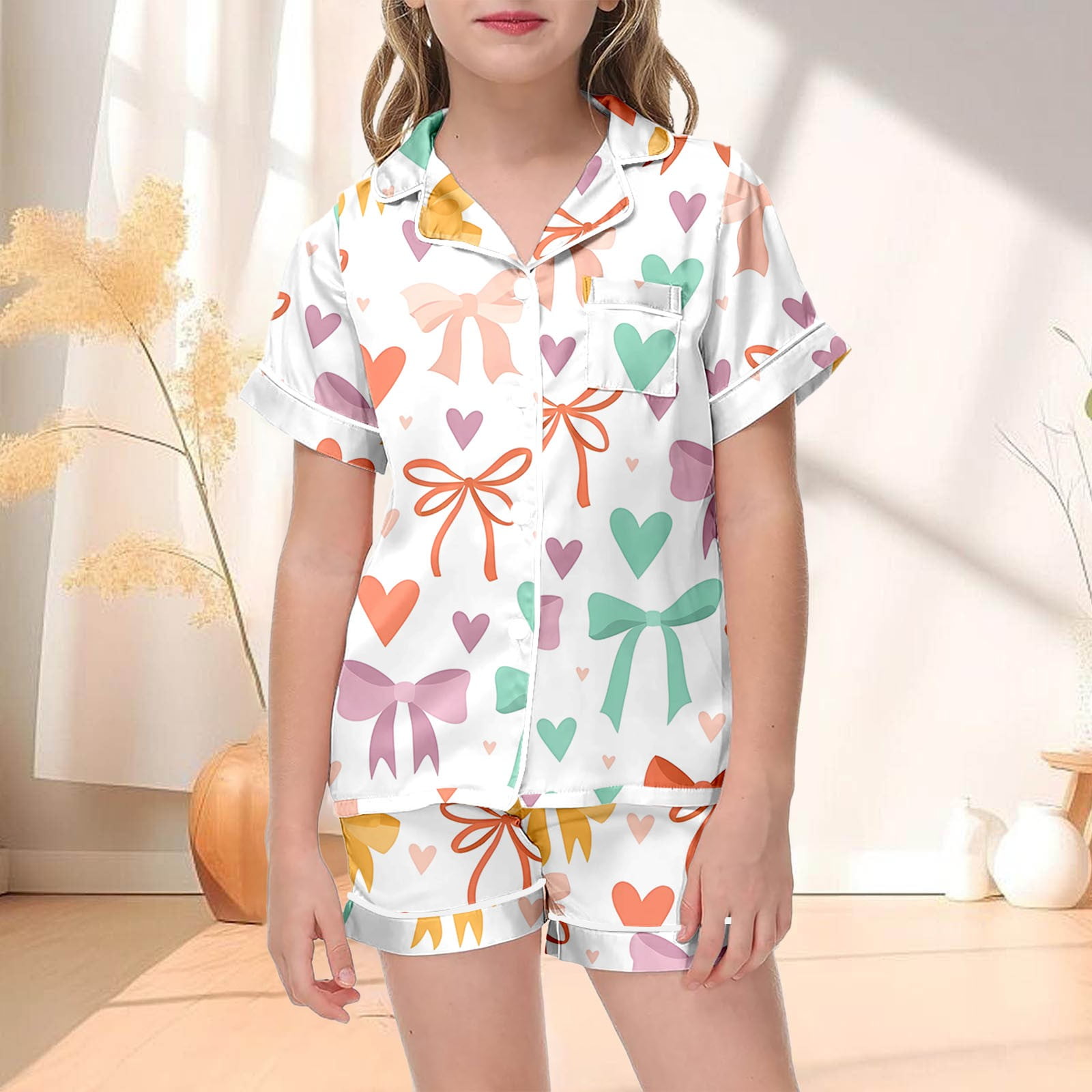 Girls Loose Fit Short Sleeve Pajama Set with Decorative Bow Design ...