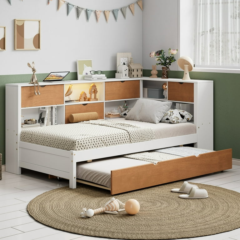 L Shaped Full Size Captain Bed with Trundle and Bookcase Wooden Daybed Bed Frame with Led Downlight and USB Port Corner Bed for Small Room Bedroom