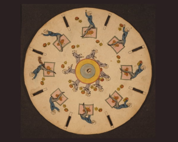 Print: Optical Illusion Disc With Two Men Throwing And Catching Cakes ...