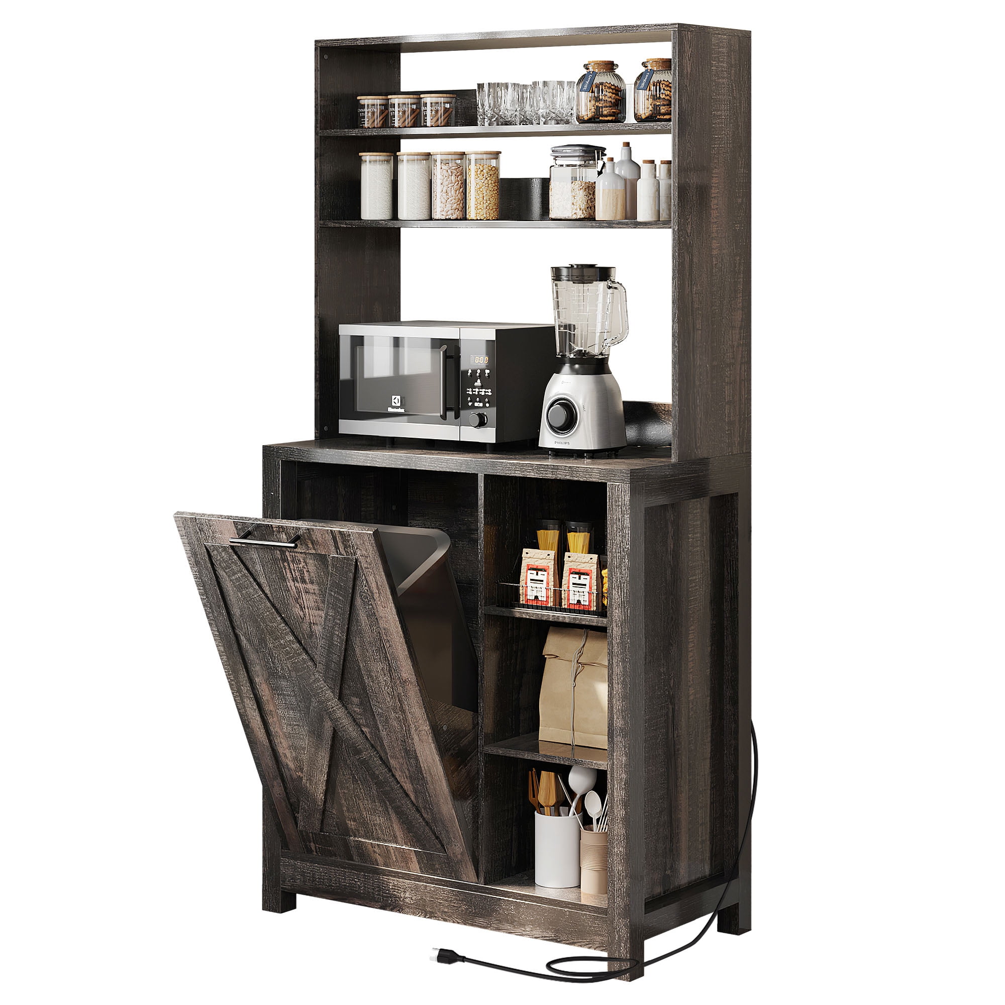Bakers rack with trash can store