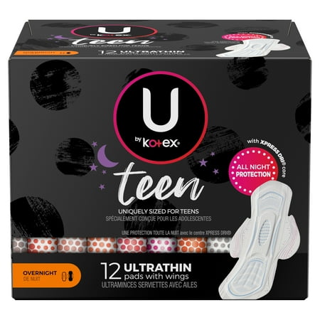 U by Kotex Ultra Thin Teen Feminine Pads with Wings, Overnight ...