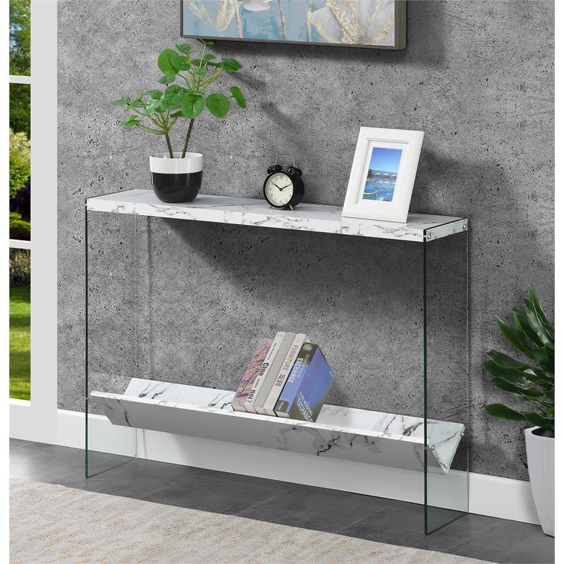 Pemberly Row Modern V Console Table with Shelf in White Marble Wood ...