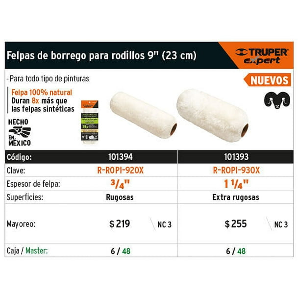 Felpa para rodillo para pintar 9 x 1-1/4, Truper Expert Truper Felpa para rodillo para pintar 9 ...