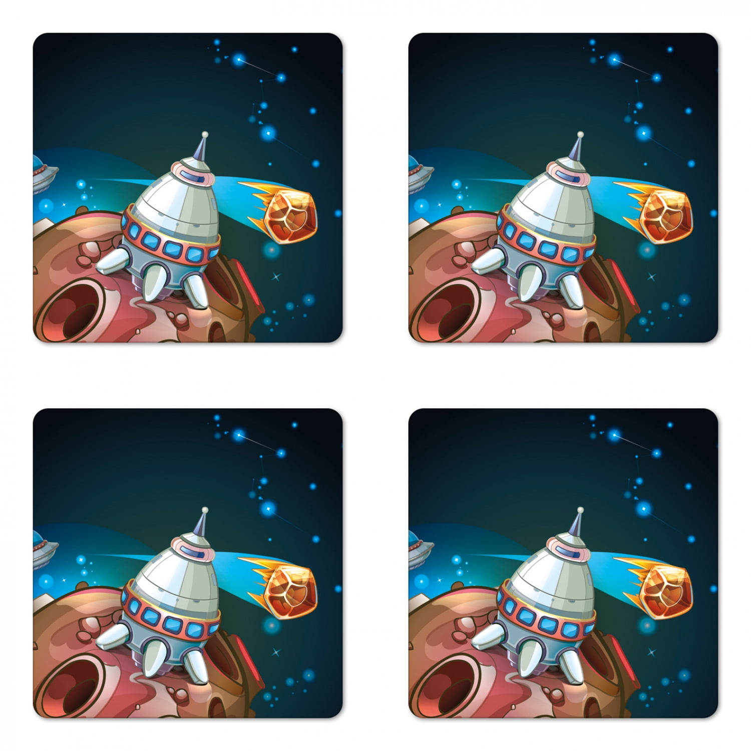 Cartoon Coaster Set of 4, Spacecraft Planets Outer Space Theme Rocket ...