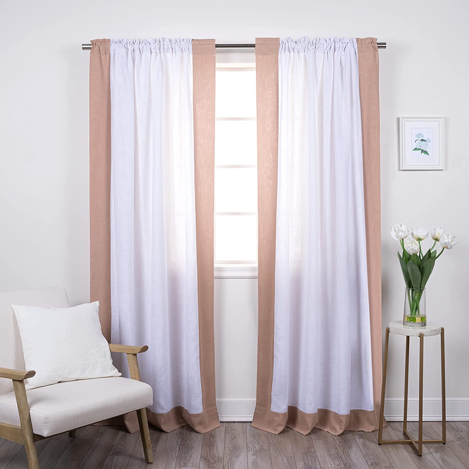 Best Home Fashion Linen Blend Border Curtains - Back tab - White/Sesame ...