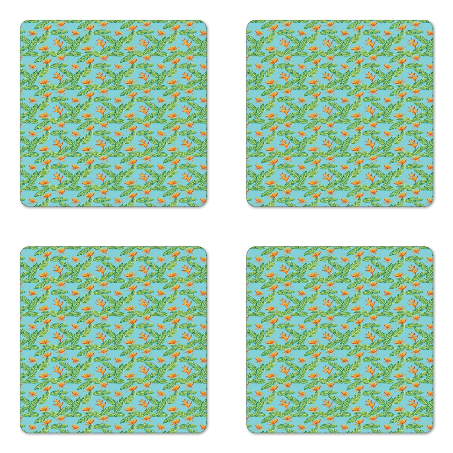 Tropical Coaster Set of 4, Exotic Hawaiian Leaves and Bird of Paradise ...