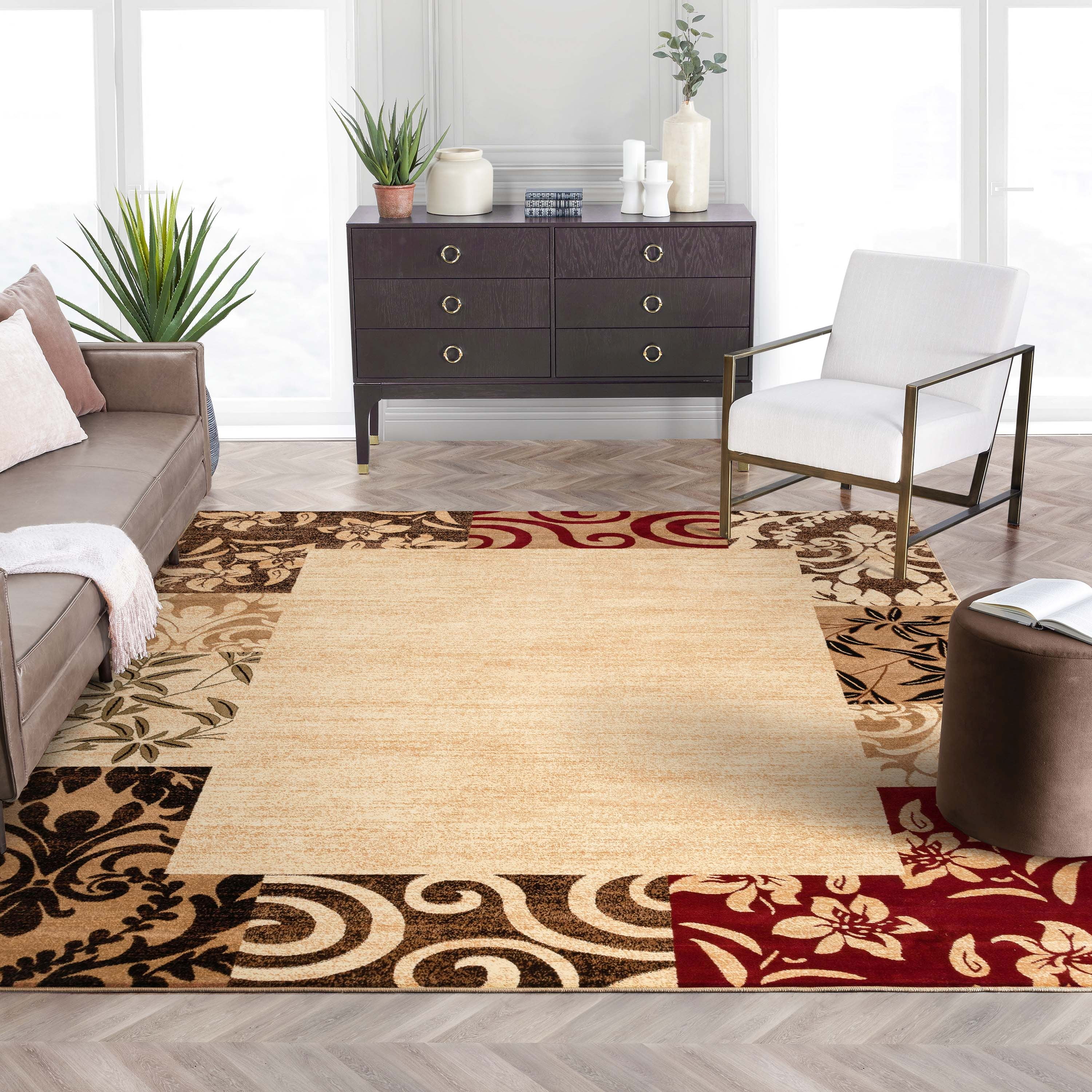 Well Woven Verdant Vines Modern Damask Border Rug Casual Oriental Easy ...