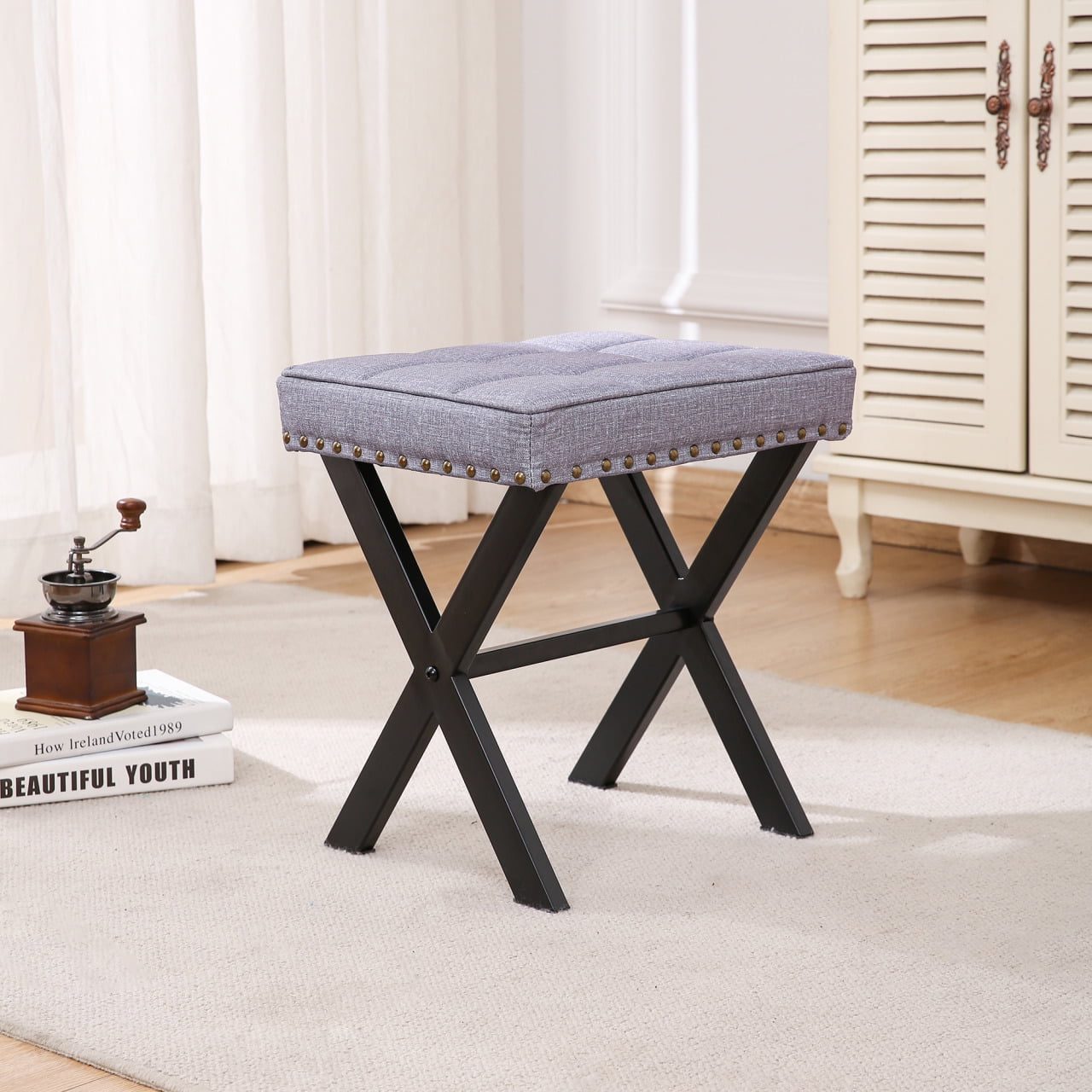 Fabric Upholstered Bench Ottoman, Soft Rectangle Seat Footstool with X ...