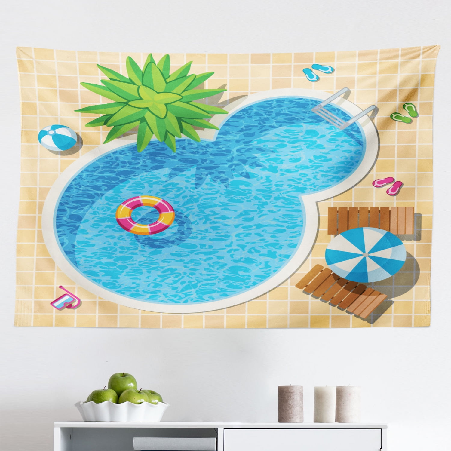 Pool Party Tapestry, Happy Laying on Water Funny Cartoon Swimming Above ...