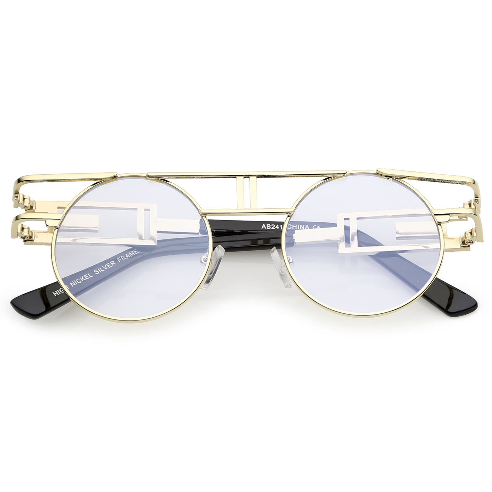 Steampunk Open Metal Frame Brow bar Flat Lens Round Glasses 47mm (Gold ...