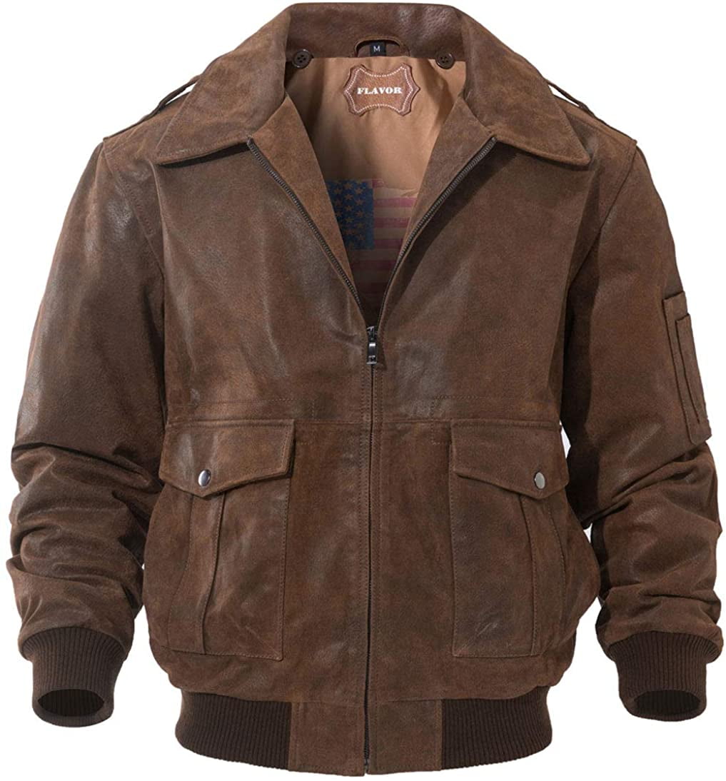 FLAVOR Men's Leather Bomber Jacket Brown Air Force Aviator (L, Brown ...