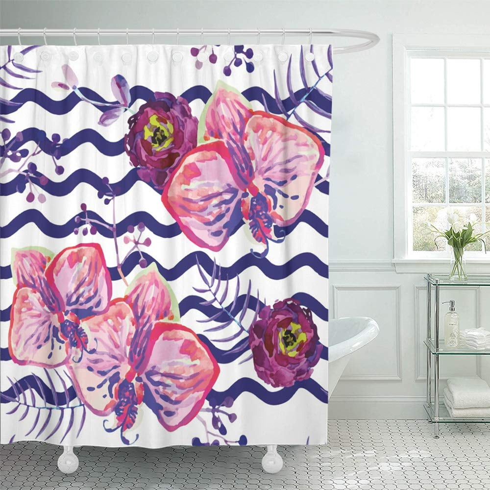 KSADK Blue Lilac Purple Orchids On The Wavy Striped Watercolor with ...