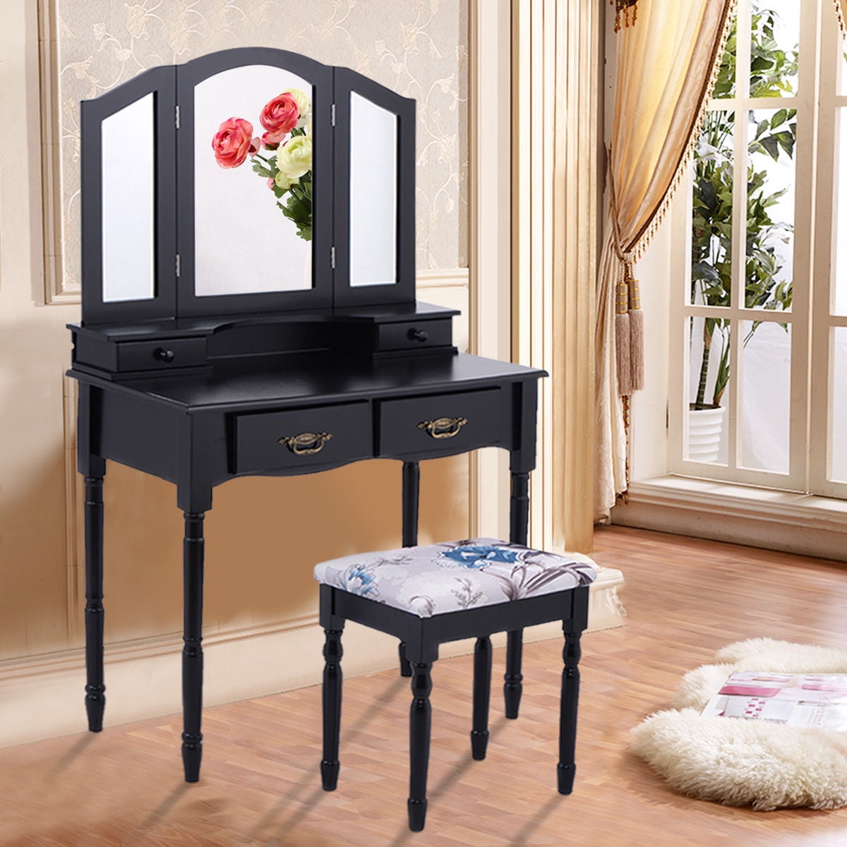 Black Tri Folding Mirror Vanity Makeup Table Stool Set Home Bedroom ...