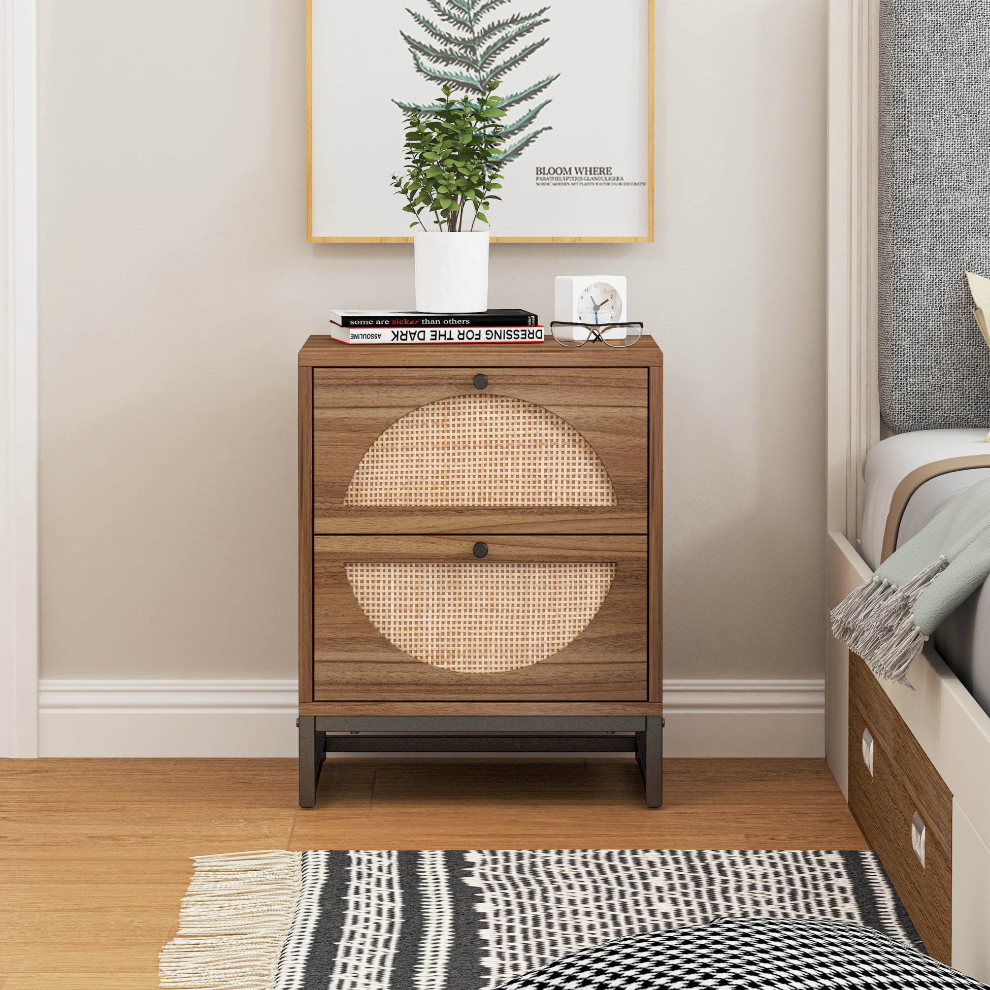 Natural Rattan Bedside Table, 2 Drawer Side Table, Display Shelf for ...