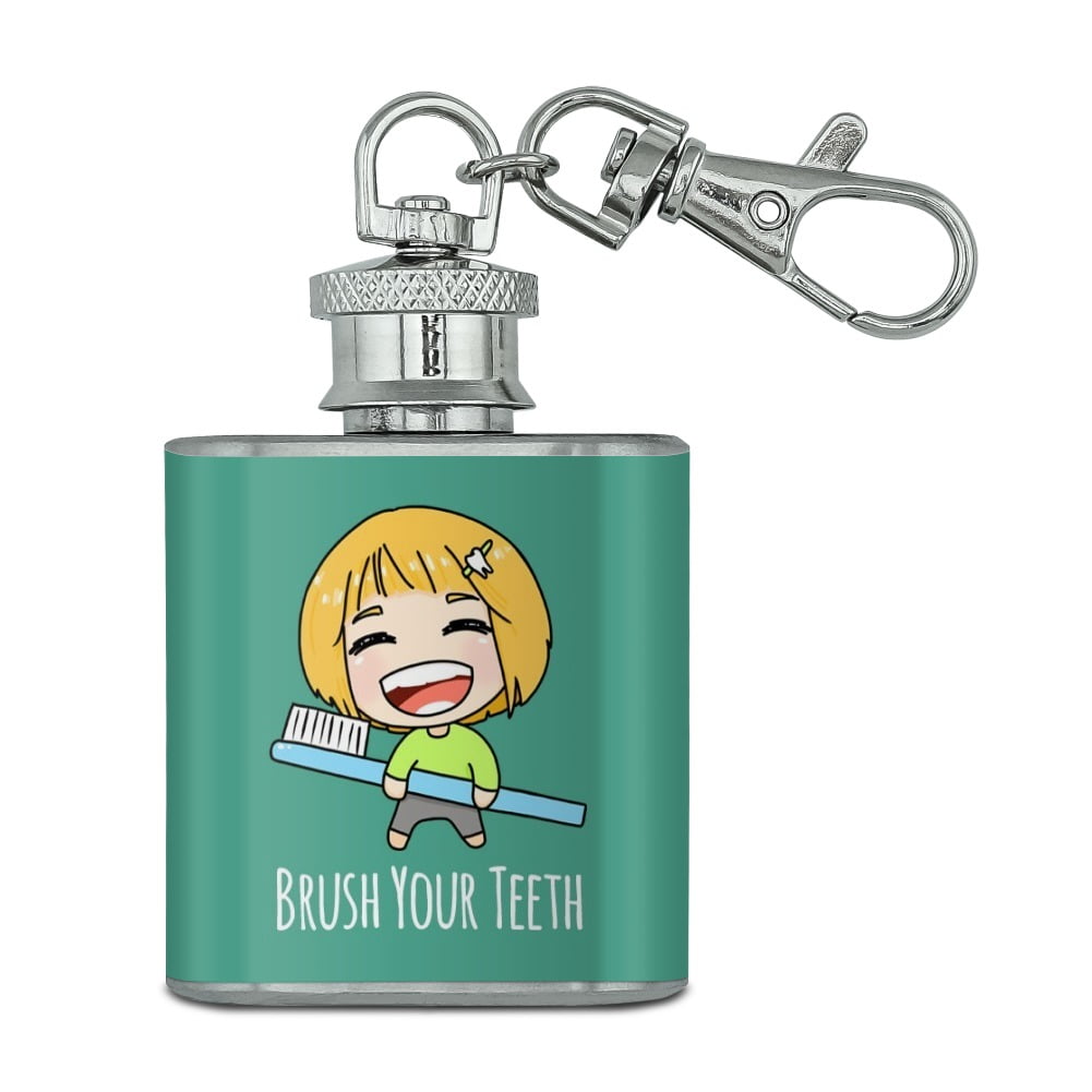 Brush Your Teeth Toothbrush Kawaii Chibi Stainless Steel 1oz Mini Flask ...