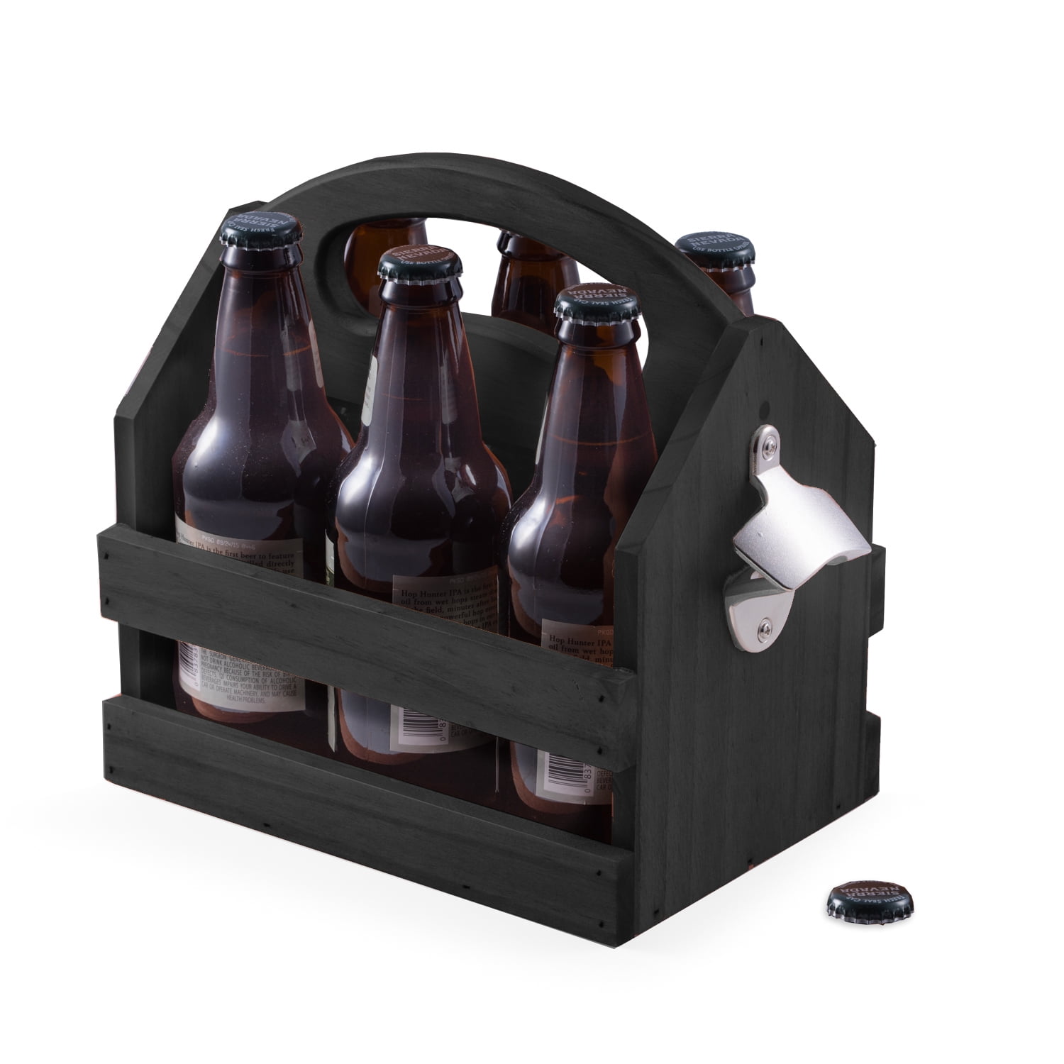Black Solid Wood Six Pack Bottle Caddy with Ergonomic Curved Built in ...