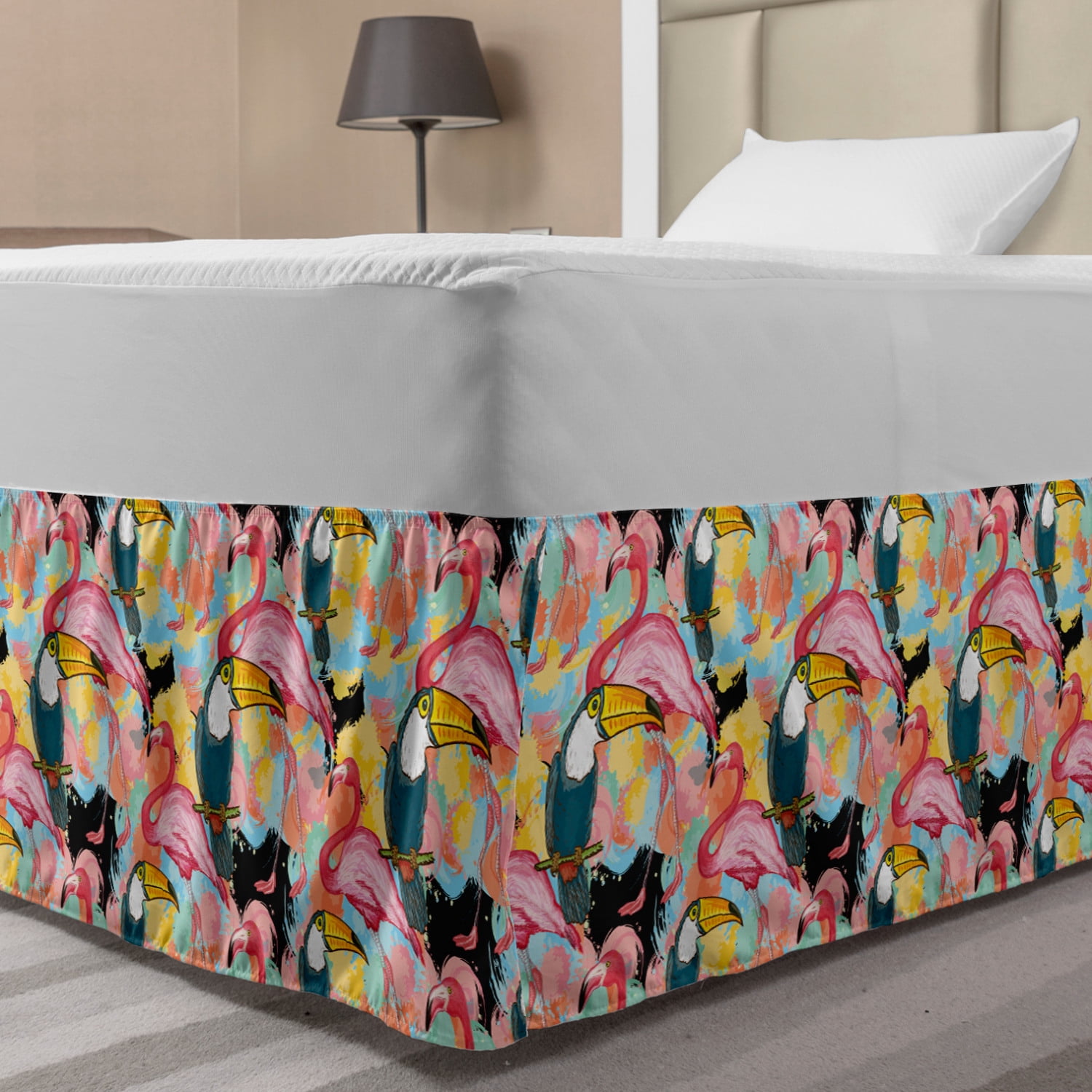 Tropical Bed Skirt, Toucan Parrots and Pink Flamingos on an Background ...