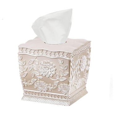 iDesign York Lyra Facial Tissue Box Cover, Ceramic and Steel, White, 5. ...