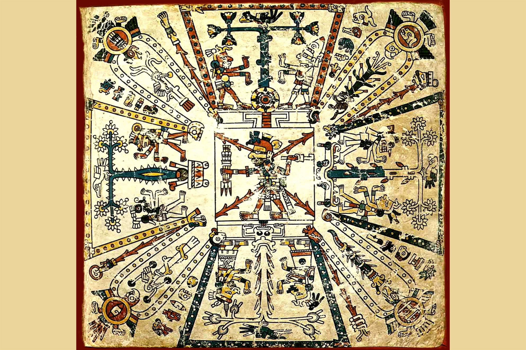 24x36 gallery poster, Aztec cosmological drawing with the god Xiuhtecuhtli, the lord of fire in ...