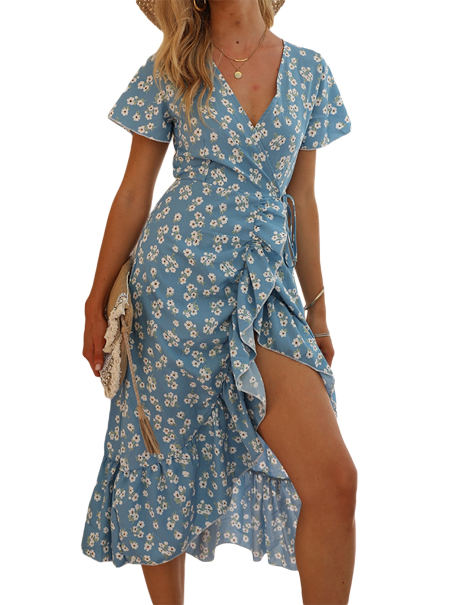 Liangchengmei Women Boho Summer Side Split Deep V Neck Short Sleeves