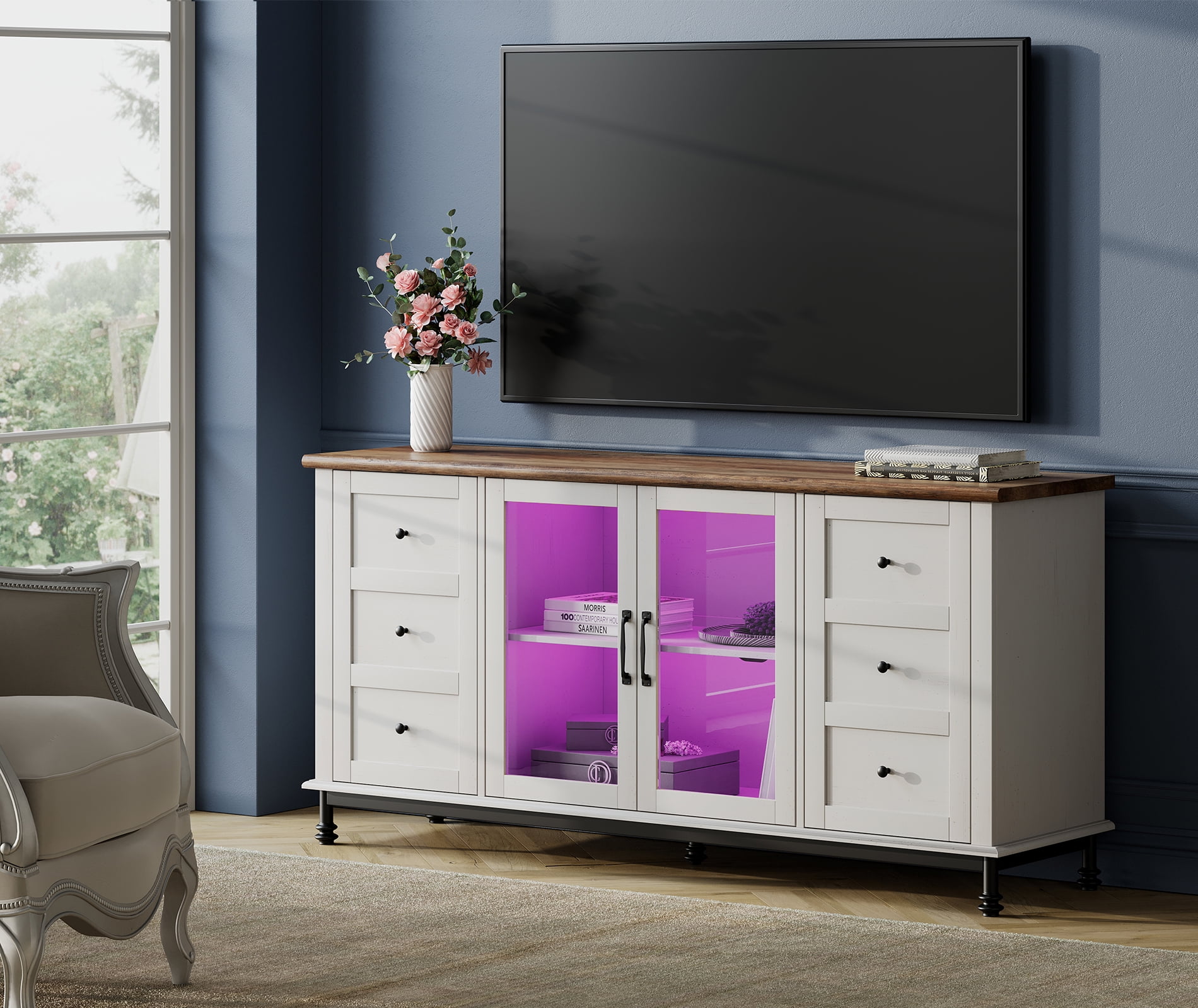 16 Colorful Lights Farmhouse White Glass&Wood Television Stand for 75 ...