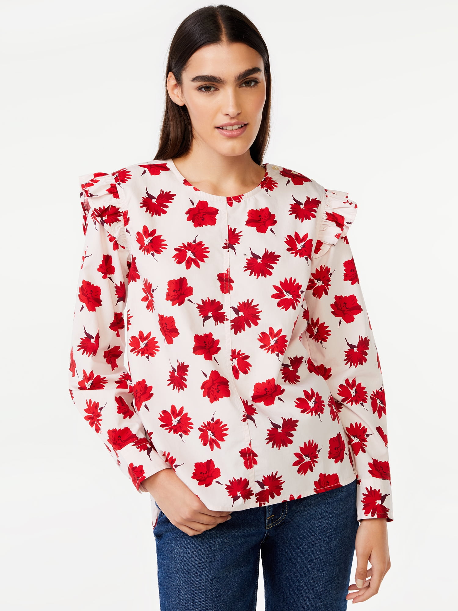 Free Assembly Women's Button Shoulder Blouse with Long Sleeves ...