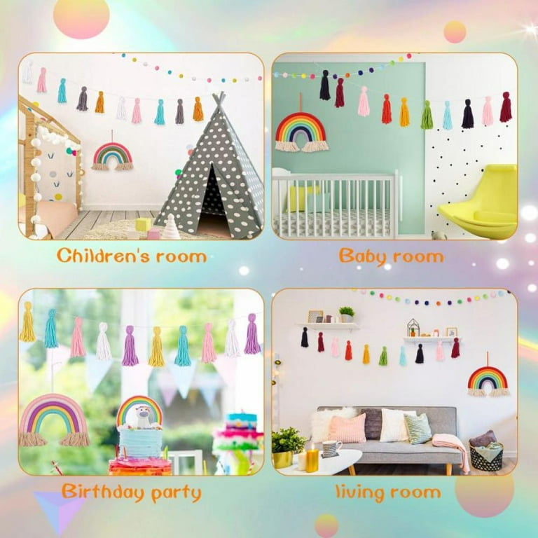 Party Decor 3-Pack Colorful Pom Pom Garland - Rainbow Felt Ball Banner ...