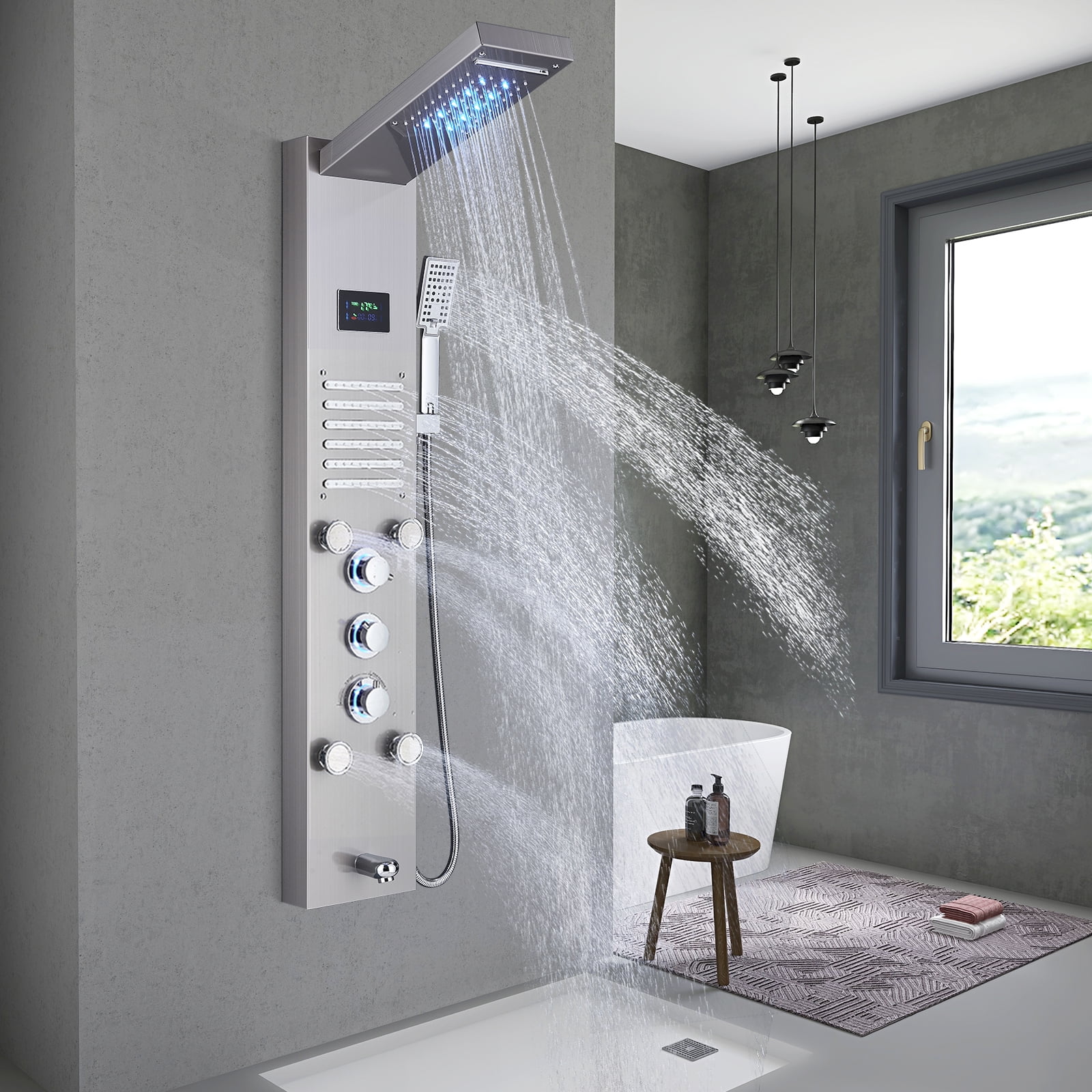 Shower Panel Tower System LED Brushed Rain&Waterfall Massage Jet ...