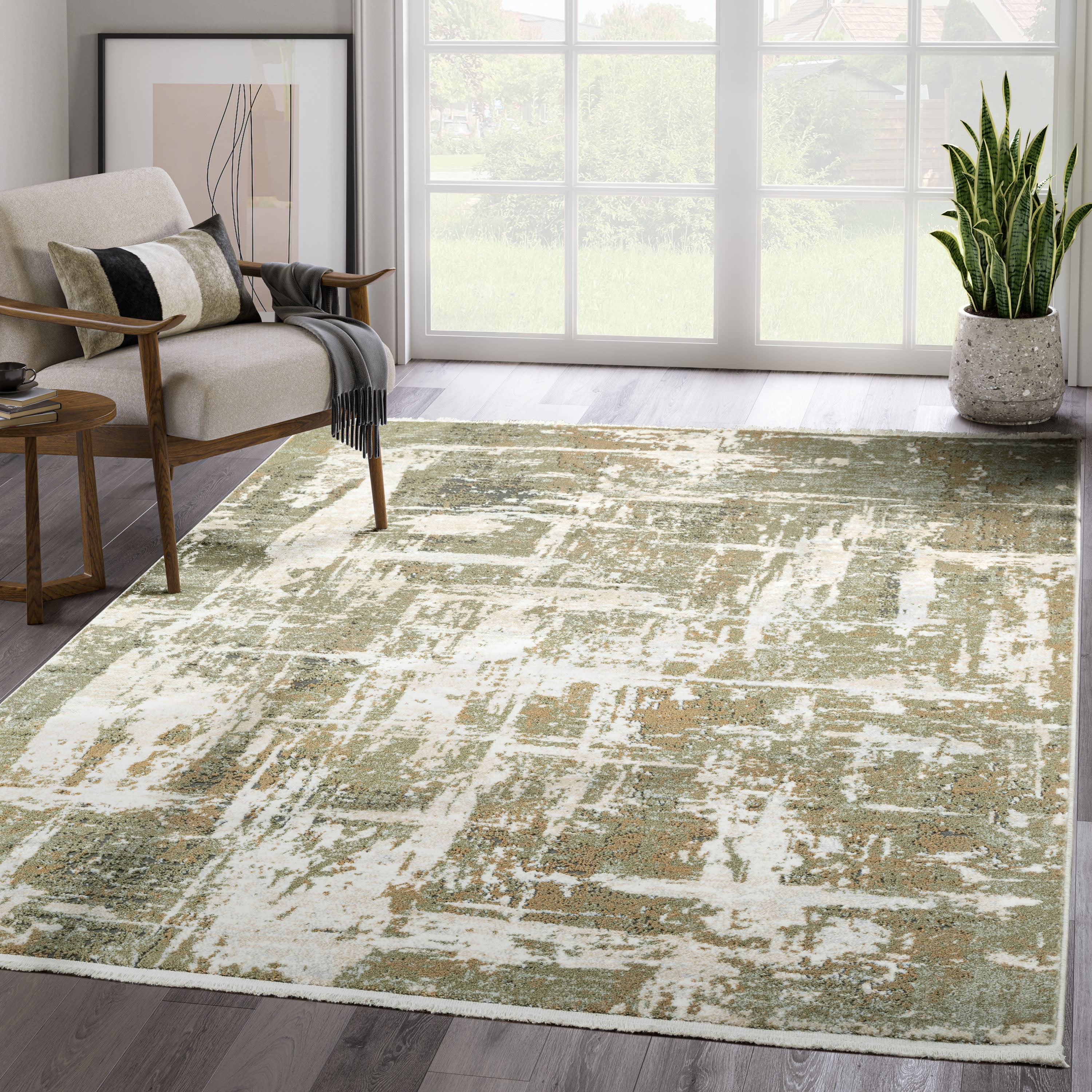 Abani Savoy Collection Contemporary 4' x 6' Green Cream Distressed ...