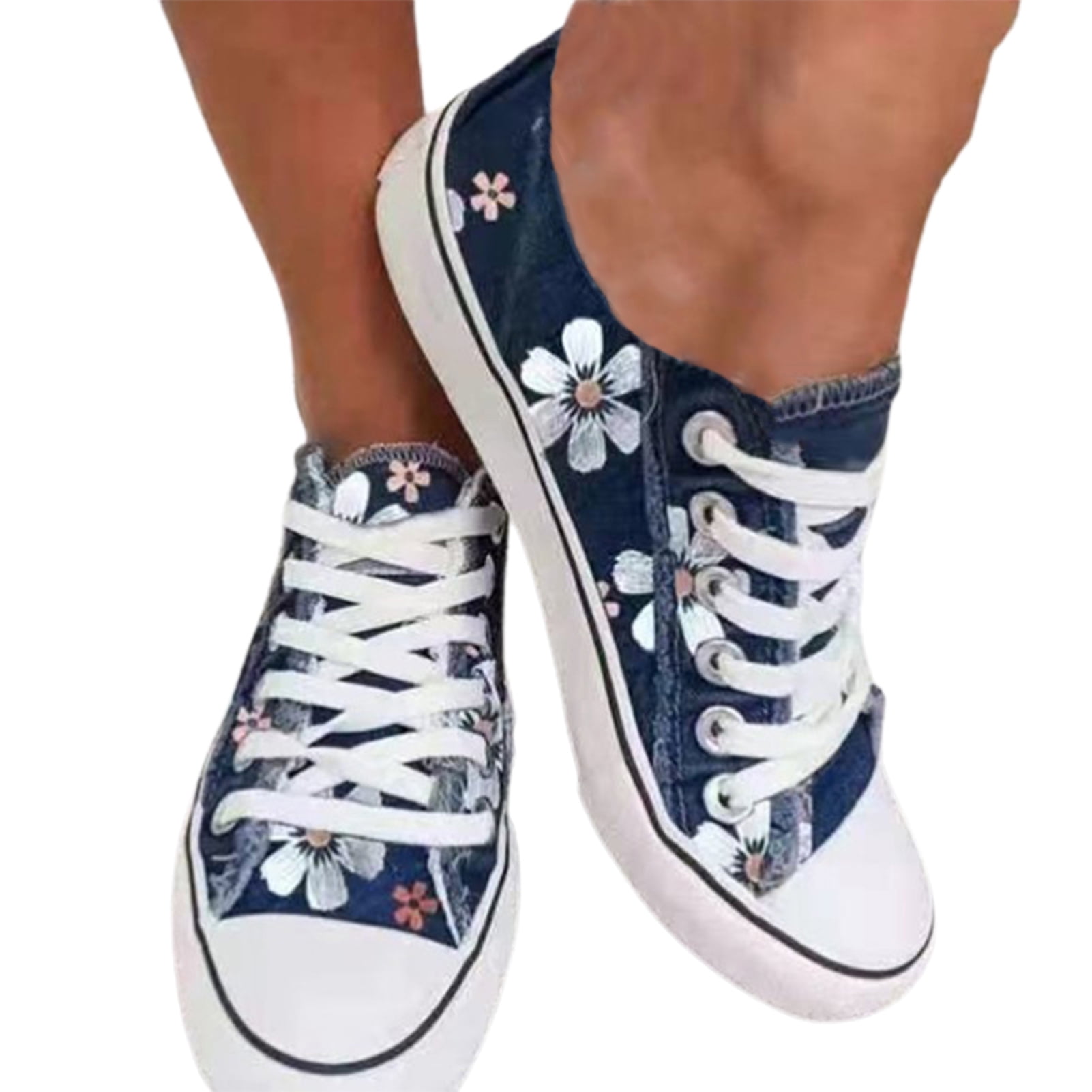 huanledash Lace Up Canvas Shoes Non-Slip Rubber Sole Flower Print Low ...