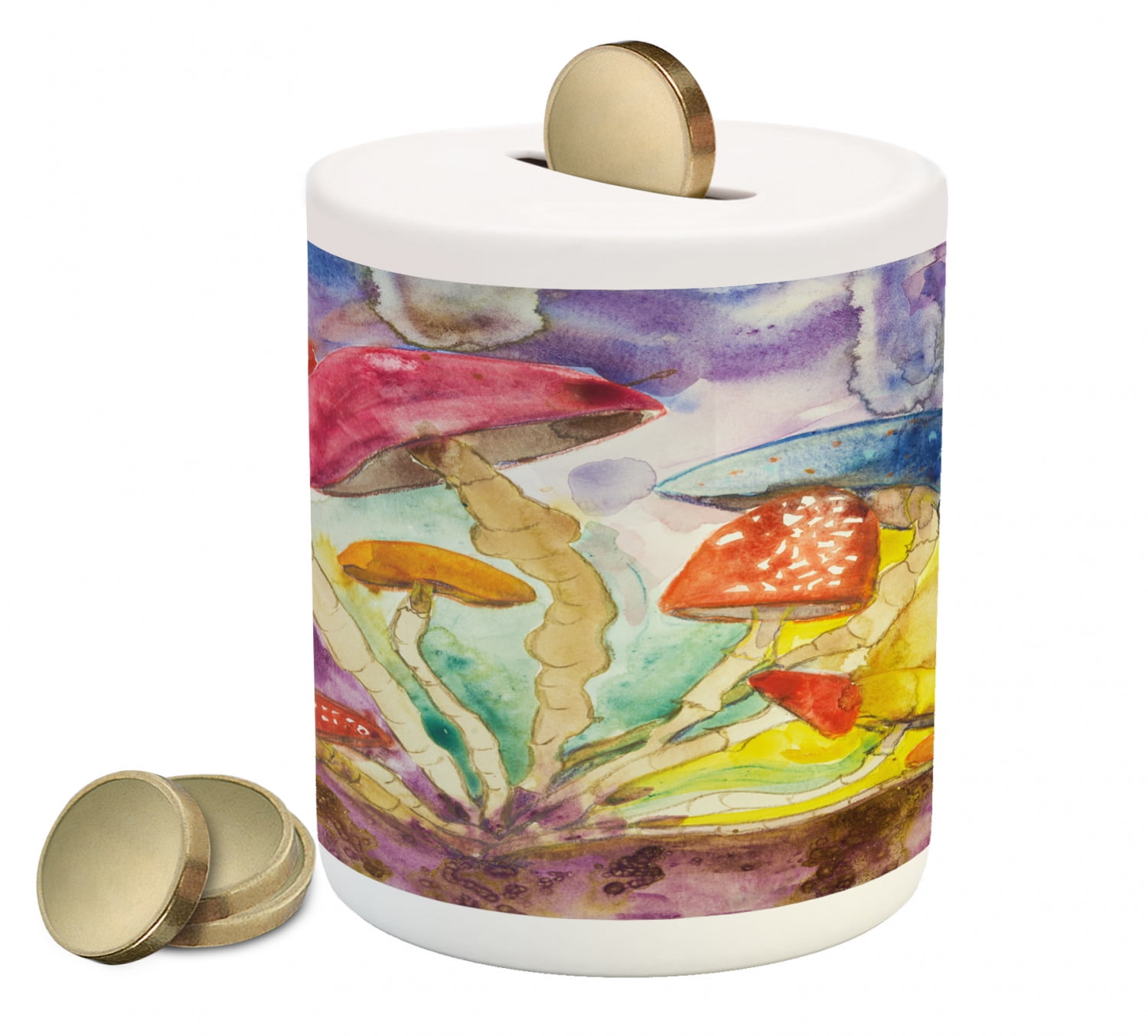 Psychedelic Piggy Bank, Watercolor Style Mushrooms Dreamy Grungy Style ...