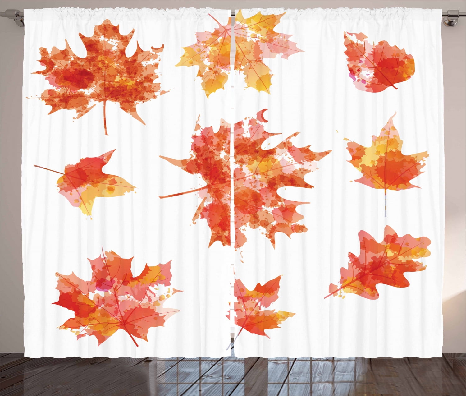 Leaves Curtains 2 Panels Set, Watercolor Effect Autumn Season Maple ...