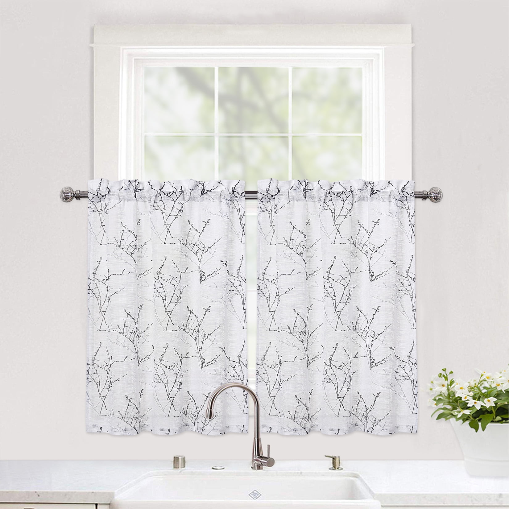 Kitsin Curtains for Kitchen, Tree Branch Printed Linen Textured Rod ...