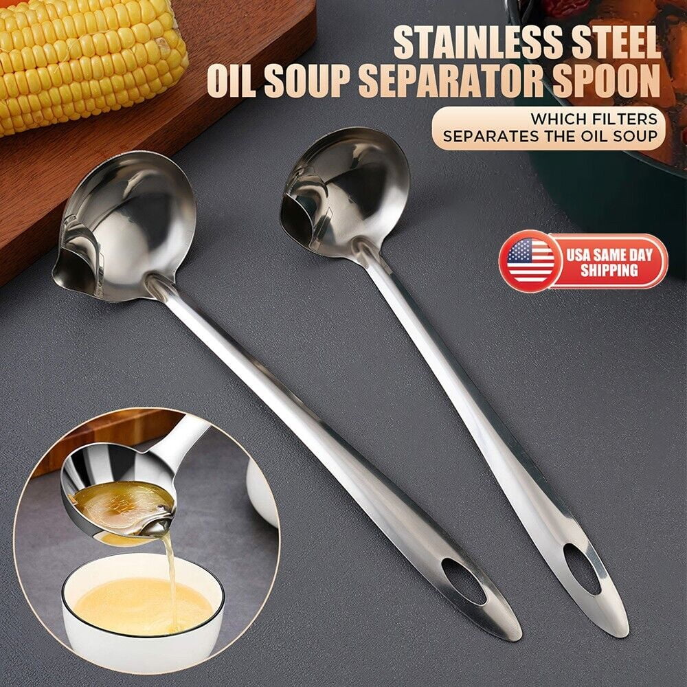 2x Stainless Steel Soup Fat Oil Separator Ladle Skimmer Filter Long ...