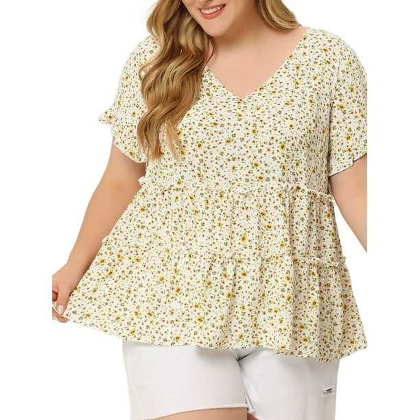 Agnes Orinda Womens Plus Size Floral V Neck Ruffle Sleeve Tiered